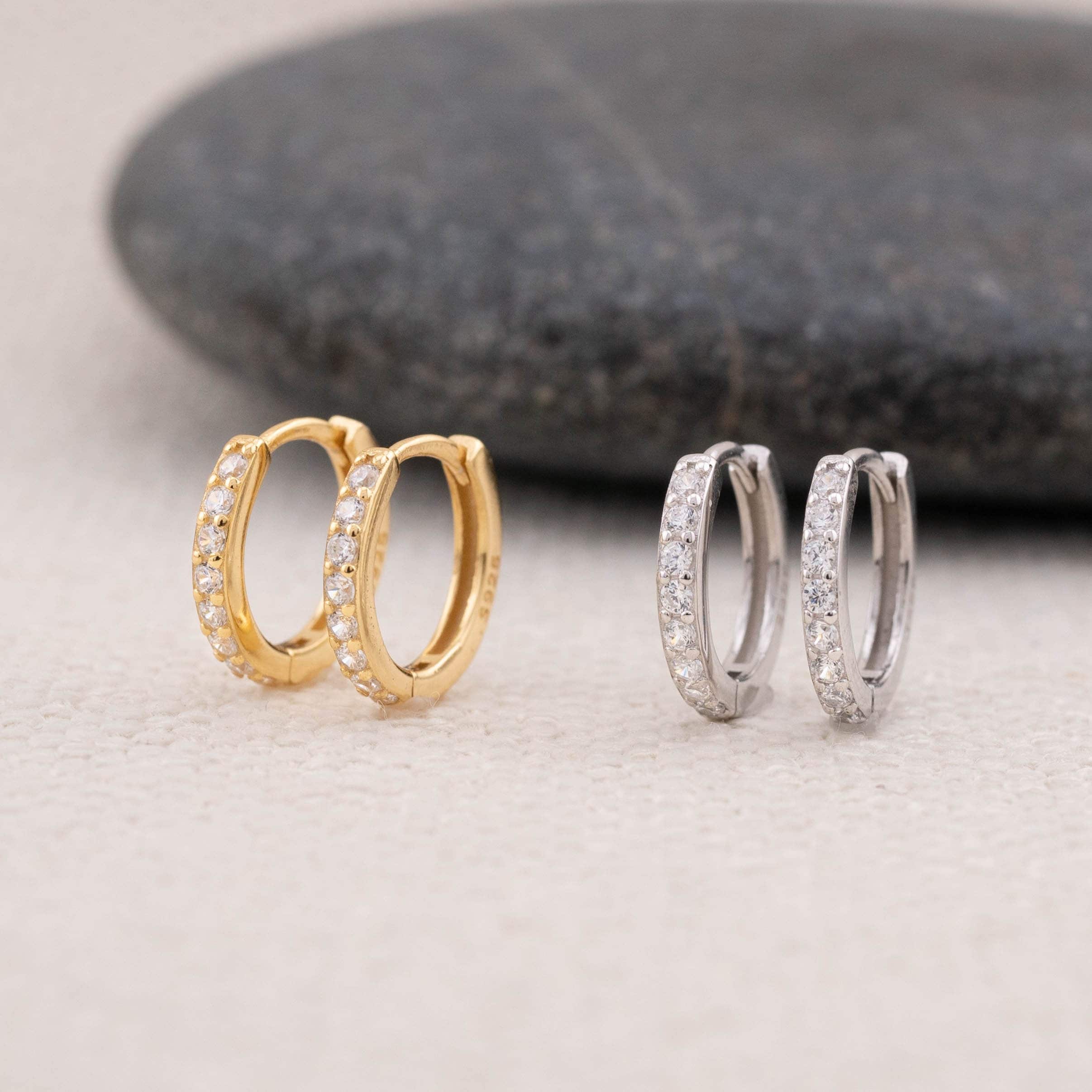 Pave hoop earrings, stacking earrings, cz diamond hoops, gold huggie h ...